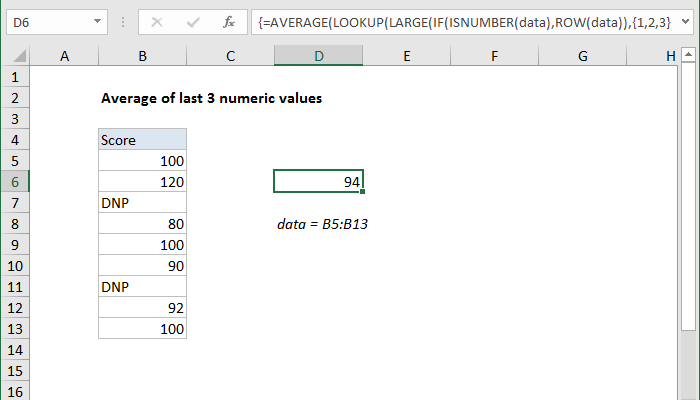 Excel formula: Average the last 3 numeric values | Exceljet Excel formula: Average the last 3 numeric values | Exceljet
